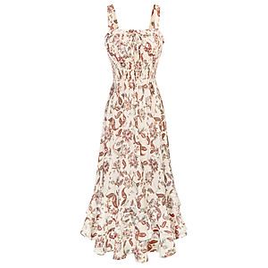 GRACE KARIN Women's 2025 Summer Floral Boho Dress Square Neck Strapped Swing A Line Sundress Beach Long Maxi OutfitsBeige S