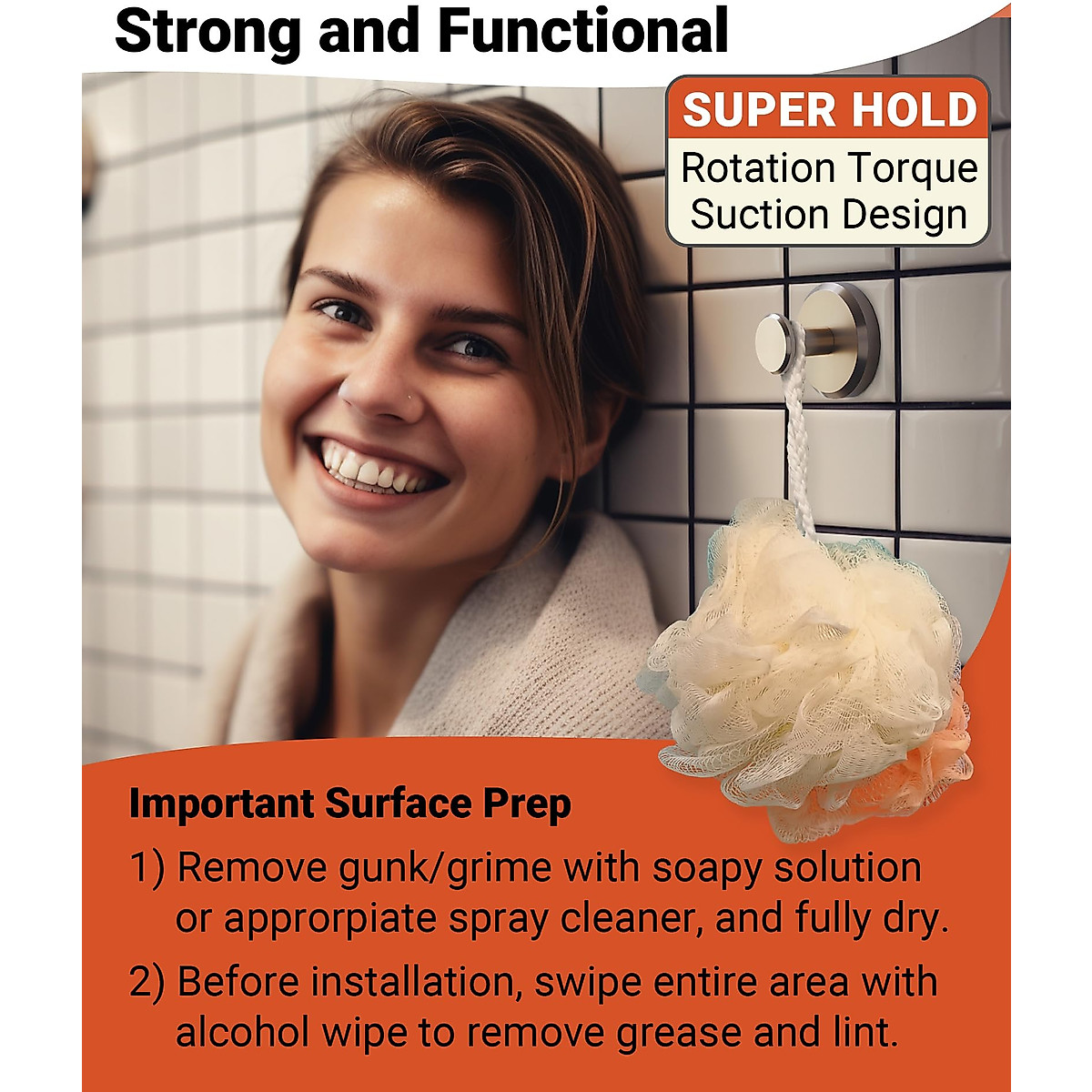 Kitston Suction Cup Hooks are Waterproof Solutions for The Shower, Bathrooms, and Kitchens to Hang Mesh Scrub Loofahs, Towels, Robes, and More, Black, 2 Pack