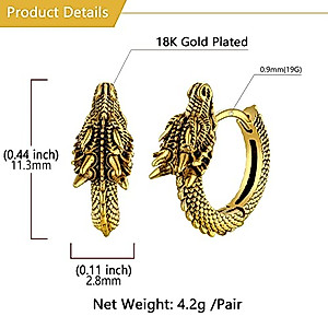 Huggie Stud Earrings for Men Women 18K Gold Plated Stainless Steel Punk Rock Dragon Earings
