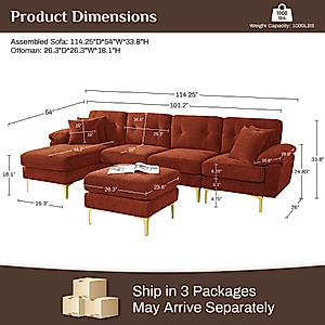 Nolohoo U Shaped Sectional Sofa Couch,114" Comfy L Shape Sofa with Chaise Lounge Ottoman, Modern Upholstered Chenille 4 Seat Modular Couch Set for Living Room Office, Orange