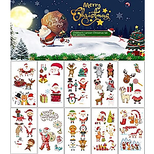 Christmas Temporary Tattoos, 10 Sheets Water Transfer Santa Claus Elk Snowman Penguin Bear Bell Design Tattoo Stickers, DIY Xmas Decals Fake Tattoos Decorations for Adult and Kids