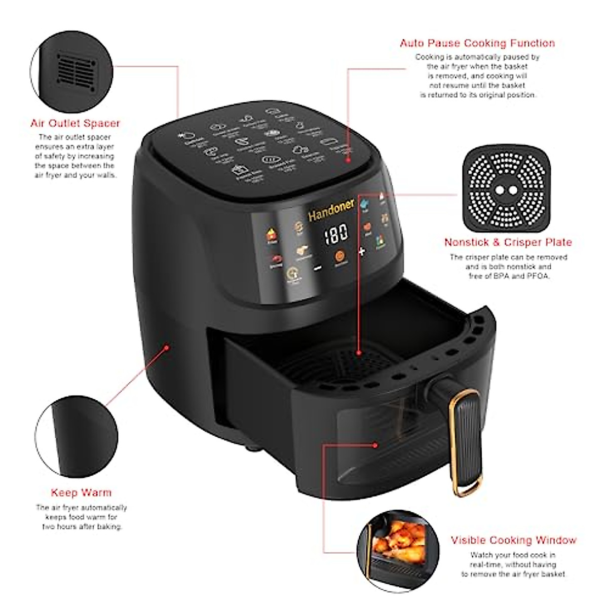 Handoner Air Fryer Max XL Smart Air Fryer Oven 6.5 QT for Healthy Cooking 8-in-1 Presets Visible Cooking Window DIY Oilless AirFryer