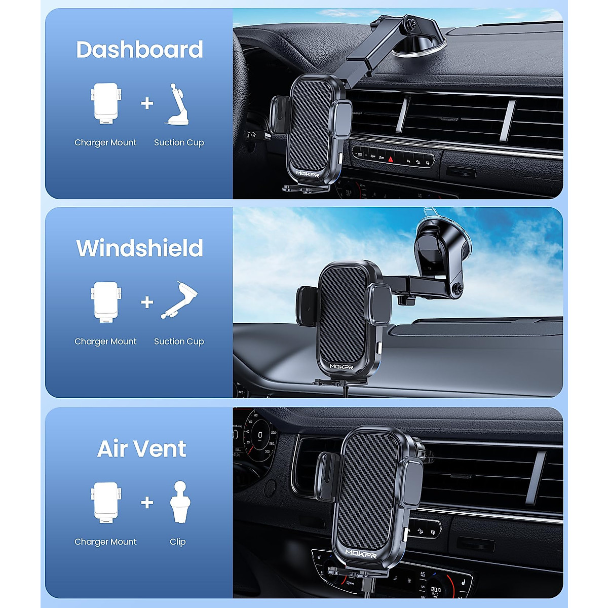 MOKPR Wireless Car Charger, 𝟮𝟬𝟮𝟯 𝗡𝗲𝘄 Dual Coils Phone Mount for Car Wireless Charger, Dash Windshield Air Vent Automatic Phone Holder Fast Charging for Samsung Z Flip 5/4/3 Galaxy S23 iPhone 15