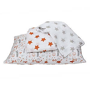 Bacati - Muslin 4 Piece Boys Toddler Bedding Set 100 Percent Cotton Includes Reversible Comforter, Fitted Sheet, Flat Sheet, and Pillow Case (Basketball Orange/Grey)