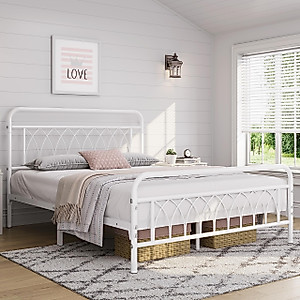 Yaheetech Queen Bed Frame Metal Platform Bed with Petal Accented Headboard/Footboard/14.4 Inch Under Bed Storage/No Box Spring Needed, White
