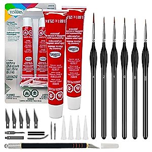 Testors Cement Plastic Model Glue Adhesive 2-Pack, 6 Fine Detail Miniatures Paint Brushes, Precision Crafting Knife with Extra Blades and Tips