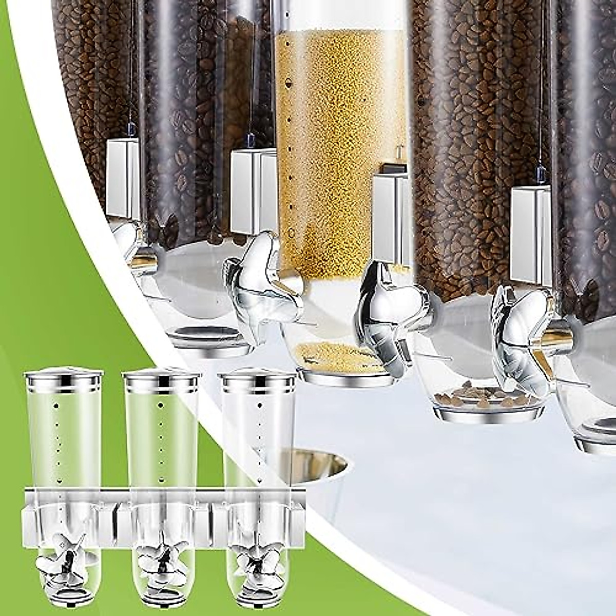 Umigy 2 Pcs Candy Dispenser Wall Mounted, Triple Dry Cereal Grain Dispenser Machine Wall Mount, Food Storage Container for Pantry Snack with 3 Cup for Kitchen, 39 oz (Silver)