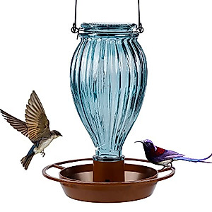 Juegoal Glass Wild Bird Waterer, 37 oz Wild Bird Feeder for Outdoors, Diamond Shaped Water Cooler with Metal Handle Hanging for Garden Tree Yard Outside Decoration, Gray-Blue