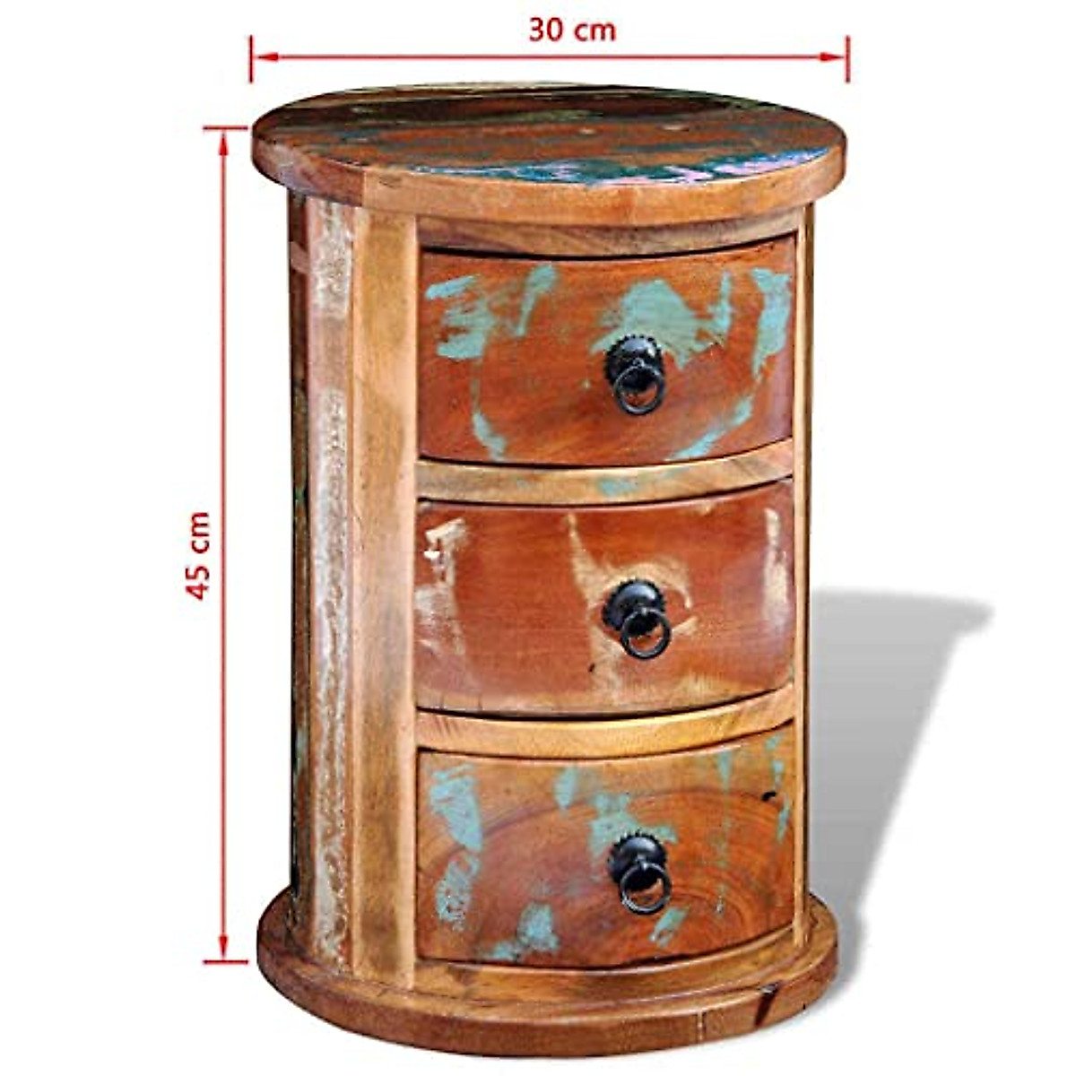 MAXCBD Nightstand Bedside Table Drawer Cabinet Reclaimed Cabinet with 3 Drawers Solid Wood Antique-Style Wooden Round Cabinet Storage Tower Dresser