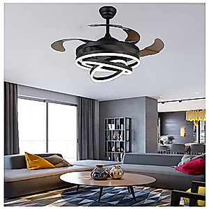 GWDZ 42 Inch Retractable Ceiling Fans, Modern LED Semi Flush Fan Light 3 Colors 6 Speed Invisible Blades Silent Smart Fan Suitable for Bedroom, Living Room and Dining Room Black