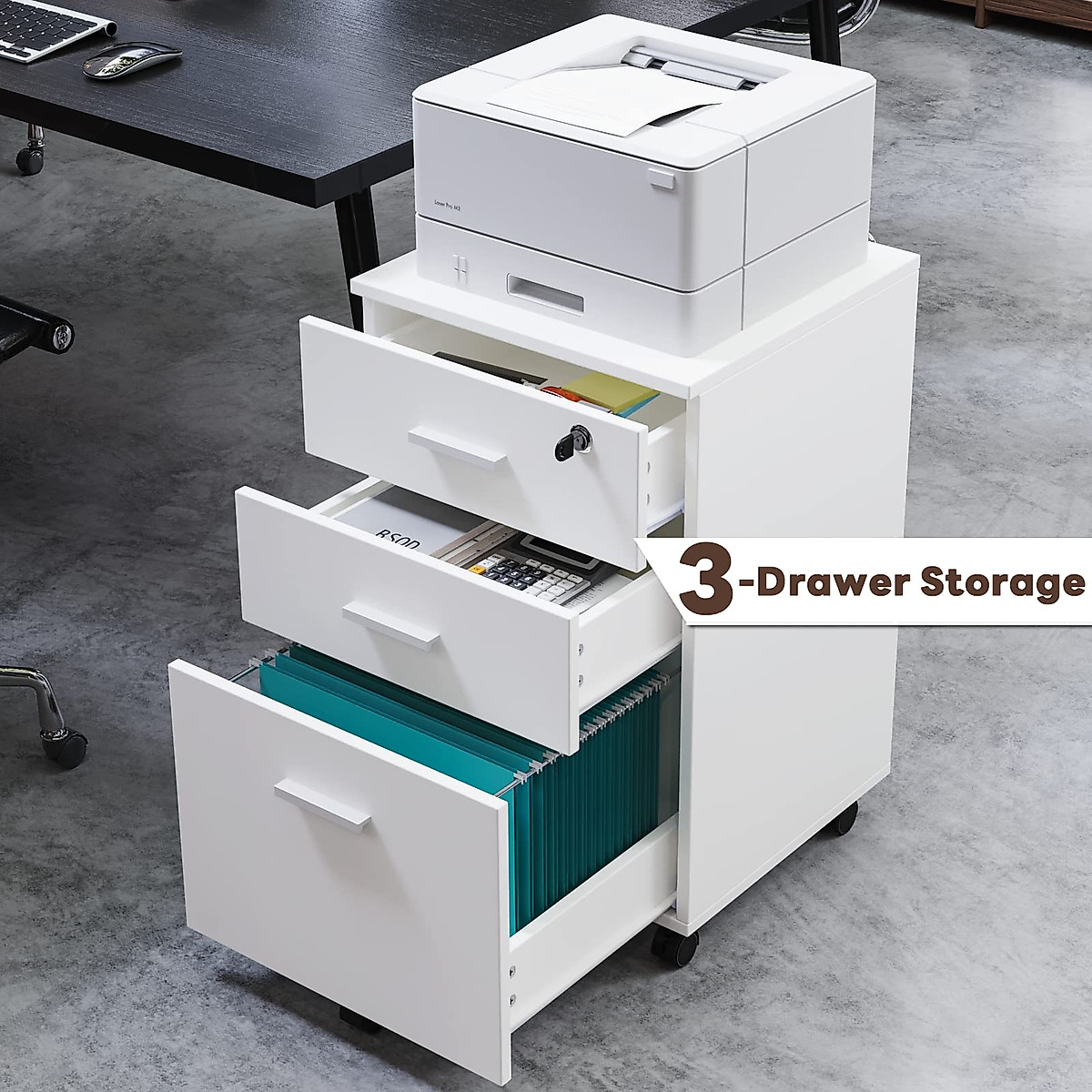 Maxtown 3 Drawer File Cabinet, Wood Filing Cabinet for Home Office, File Cabinet Office Drawer with Lock, Rolling Filing Cabinet for A4/Letter Size, White