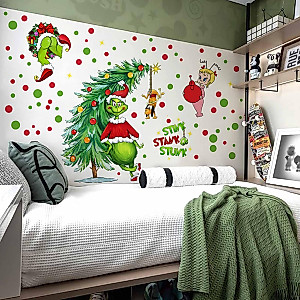 Christmas Wall Decals Stickers Self-Adhesive Winter Christmas Wall Stickers Holiday Xmas Wall Decals Cute Christmas Trees Green Monster Designs for Christmas Party Home Supplies Home Wall Decorations