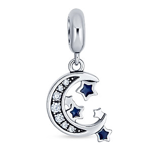 Celestial Cosmic Heavenly Twinkle Stary Night Crescent Moon Star Dangle Charm Bead For Women Teen .925 Sterling Silver Fits European Bracelet