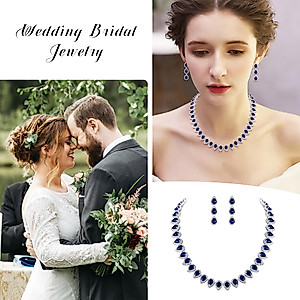 EleQueen Women's Silver-Tone Full Prong Cubic Zirconia Teardrop Bridal Necklace Earrings Set Sapphire Color