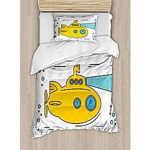 Ambesonne Yellow Submarine Duvet Cover Sets, Ocean Nautical Adventure Underwater Bubbles Porthole Cartoon, Bedding Set with 2 Duvet Covers & 4 Pillowcases, 2 Pack Queen Size, White Yellow Blue