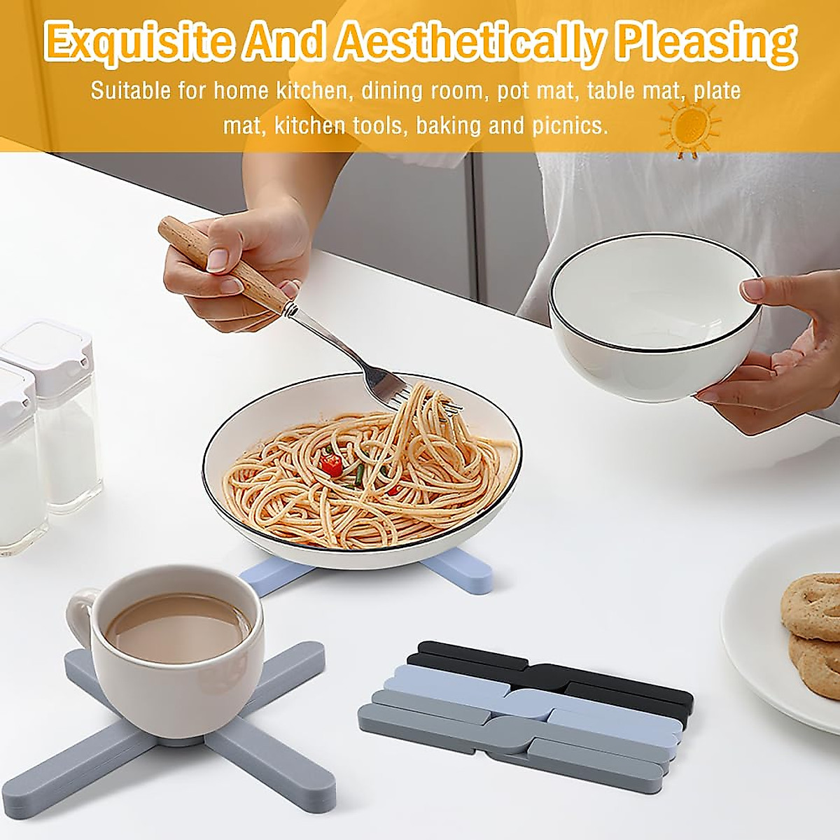 Foldable Silicone Trivet, 3 Pack Trivet Pad for Hot Pots and Pans, Heat-Resistant Pad Silicone Pot Holder for Hot Dishes (Blue)