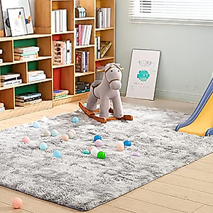 LFHHT Area Rug 6x9 for Living Room Bedroom, Large Grey Fluffy Shag Area Rugs for Nursery Dorm Room Home Decor, Carpet Shaggy Fuzzy Rugs for Kids Girls Boys, Tie-Dyed Light Grey
