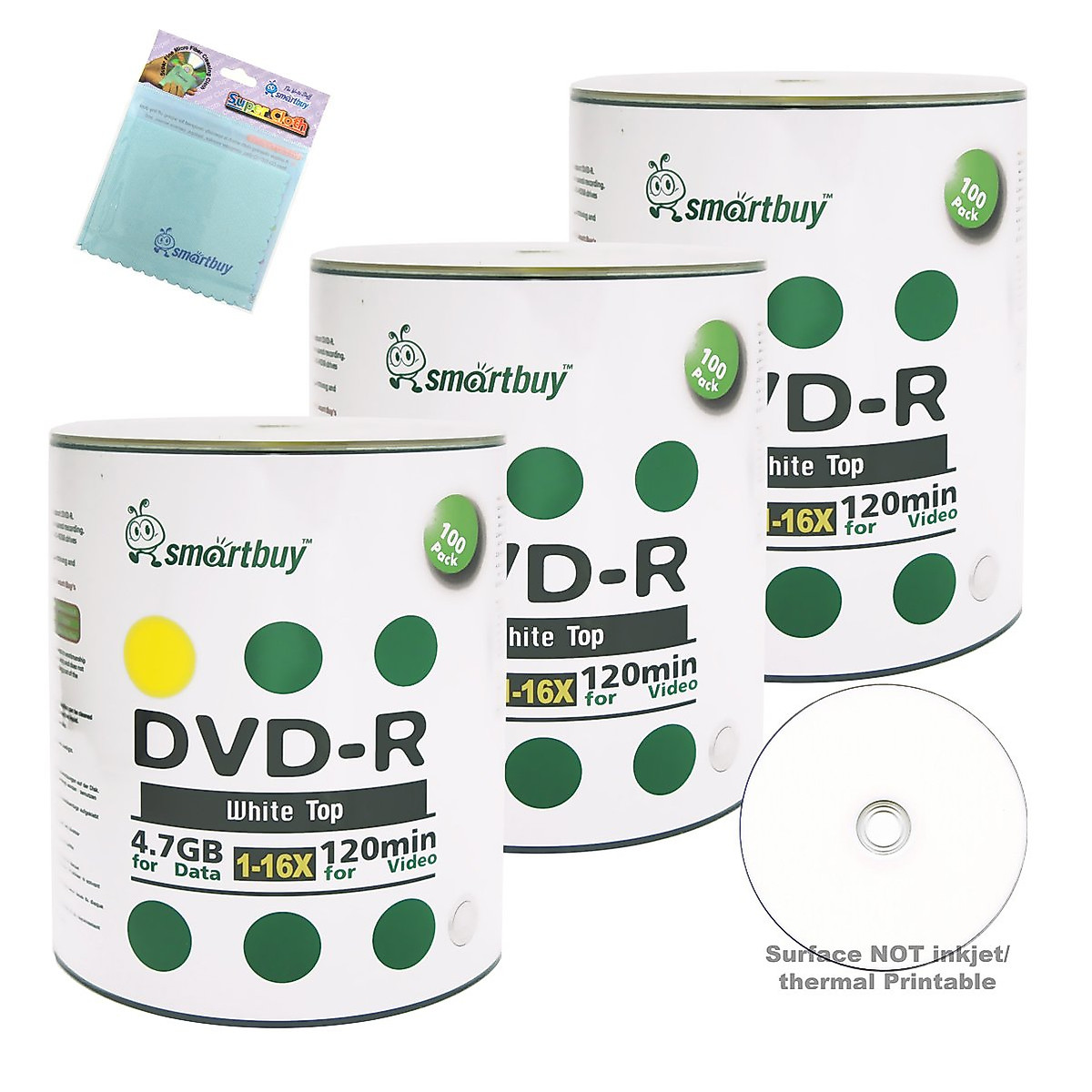 Smartbuy 300-disc 4.7GB/120min 16x DVD-R White Top Blank Media Record Disc + Free Micro Fiber Cloth