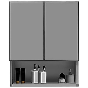YEPOTUE Bathroom Wall Medicine Cabinet with Double Doors Space 23.6" 19.6" Aluminum Storage, Water, and Rust Resistant, Recess or Surface Mount for Bathroom, Kitchen, Bedroom-Grey