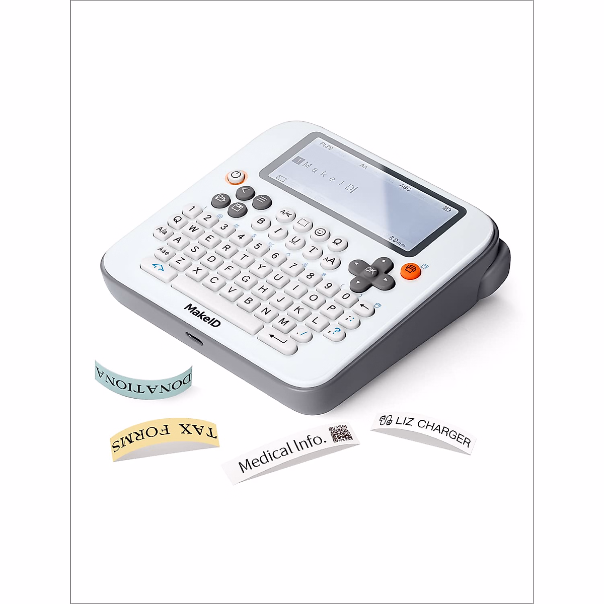 Makeid E1 Portable Label Maker - Bluetooth Compatible Thermal Printer - QWERTY Keyboard, 4.42" LCD Screen - Prints 9mm, 12mm, 16mm Clear Waterproof Sticker Labels - Includes USB Cable
