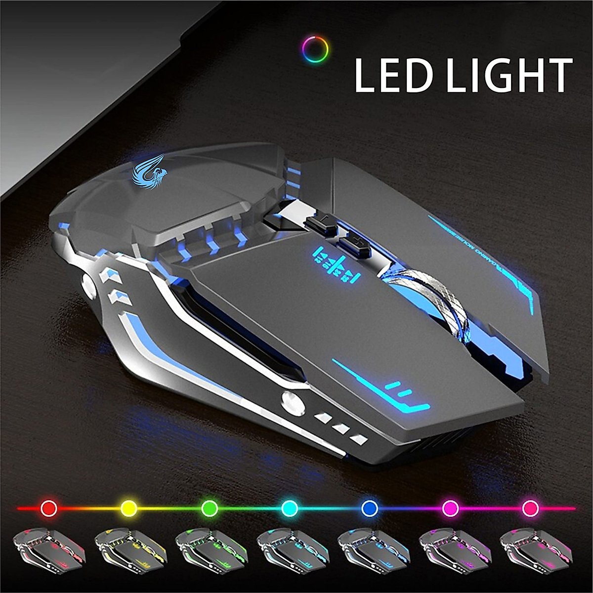 TENMOS T12 Wireless Gaming Mouse Rechargeable, 2.4G Silent Optical Wireless Computer Mice with Changeable LED Light for Laptop PC, 7 Buttons, 3 Adjustable DPI (Grey)