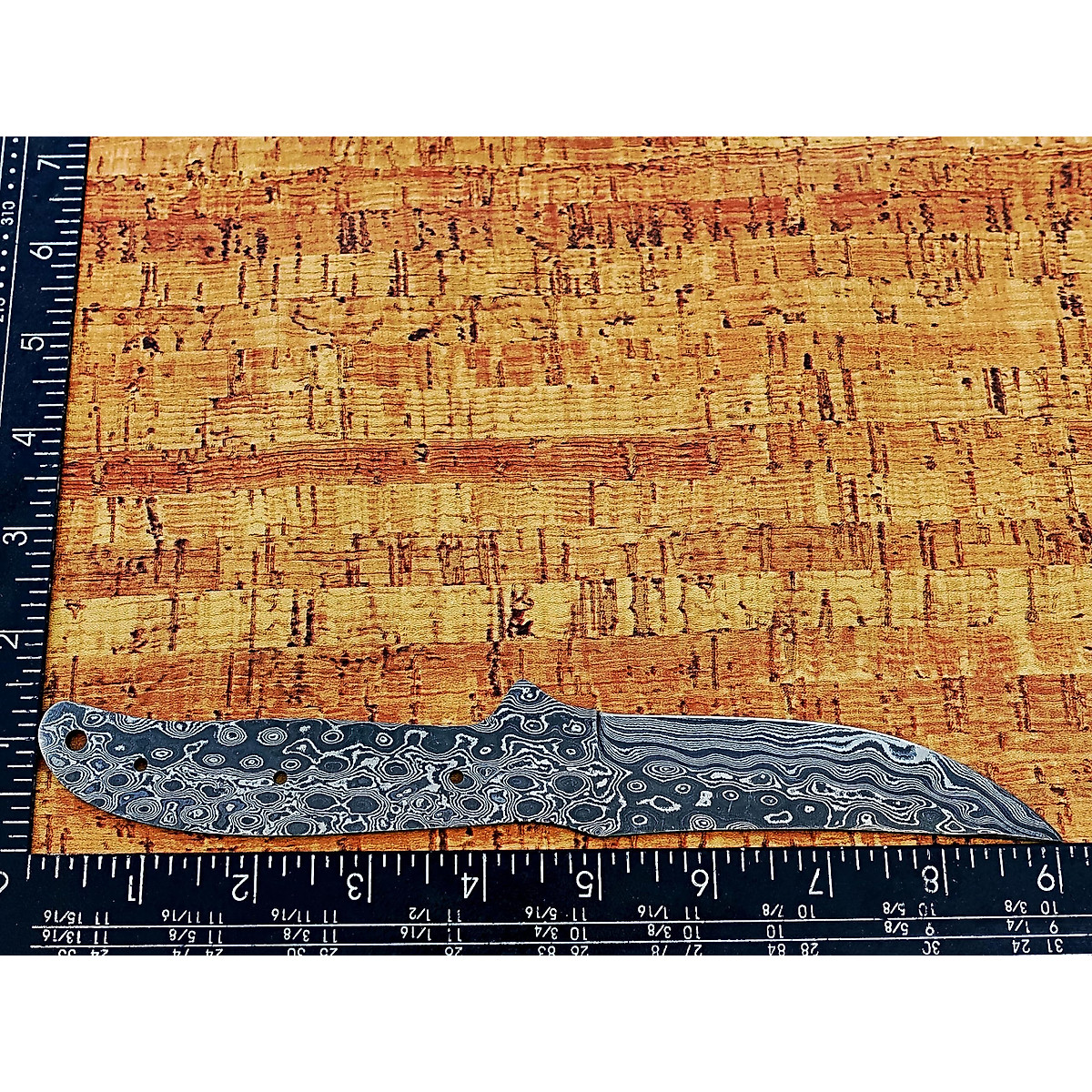 9 inches long Rain drop pattern Damascus steel Trailing point blank blade, knife making supplies, 4.5 inches long straight back scale with 3 pin and a lace holes, 4 inches cutting edge
