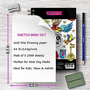 Artisto 5.5X8.5” Premium Sketch Book Set, Pack of 3 (300 Sheets), 84lb (125g/m2), Spiral Bound, Acid-Free Drawing Paper, Perfect for Most Dry Media, Ideal for Kids, Teens & Adults.