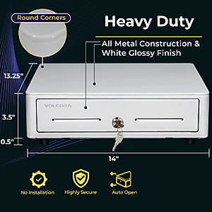 Volcora Cash Register Drawer for (POS) Point of Sale System with Round Corner 13", Removable Coin Tray, 4 Bill/5 Coin, 24V, RJ11/RJ12 Key-Lock, Media Slot,Cash Till for Businesses, White