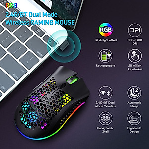 HETOETF Wireless Gaming Mouse,Double Mode 2.4G/Bluetooth Mouse Gaming,Honeycomb Shell,Adjustable DPI,RGB Backlit,Rechargeable Computer Mouse for Laptop,PC,Mac