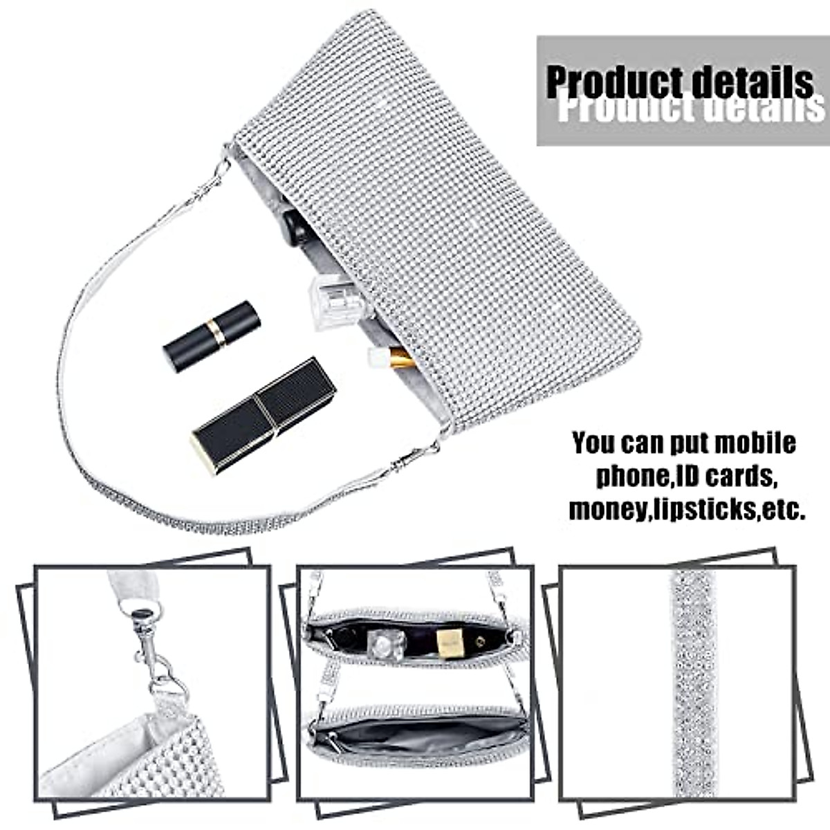 4 Pieces Silver Clutch Purses and Rhinestone Jewelry Set for Women Evening Diamond Sparkly Purses Necklace Bracelet Earrings for Wedding Bridal Party (Rhinestone Style)