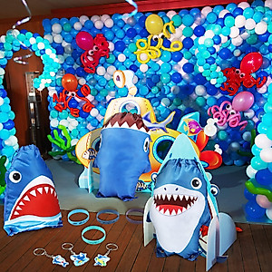 Talltalk 48 Pcs Shark Party Supplies Blue Ocean Pool Party Favor with 16 Pcs Shark Party Drawstring Bag Goodie Bags 16 Shark Wristband 16 Shark Keychain for Shark Birthday Party Supplies Decorations