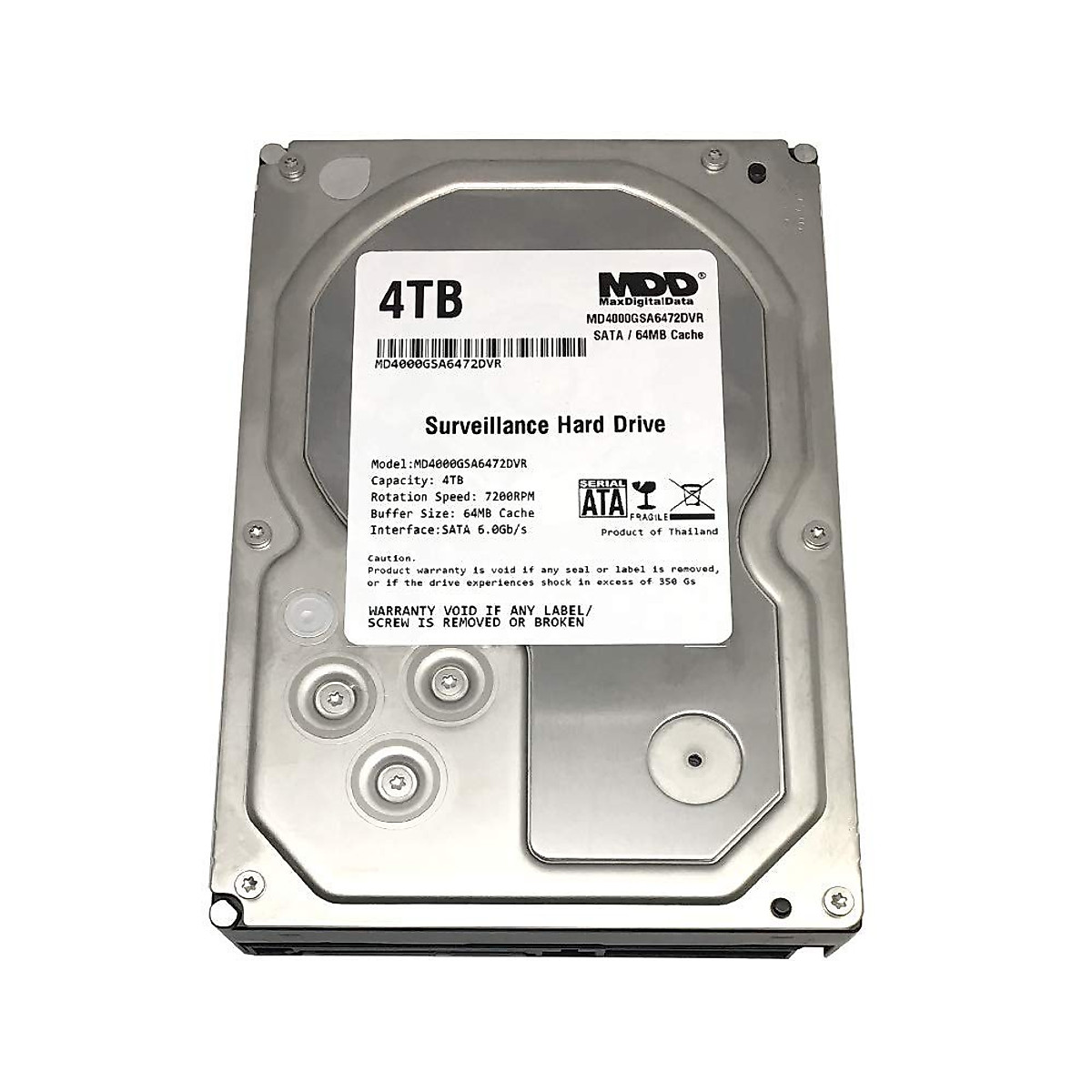 MaxDigitalData 4TB 64MB Cache 7200PM SATA 6.0Gb/s 3.5" Internal Surveillance CCTV DVR Hard Drive (MD4000GSA6472DVR) - w/ 2 Year Warranty (Renewed)