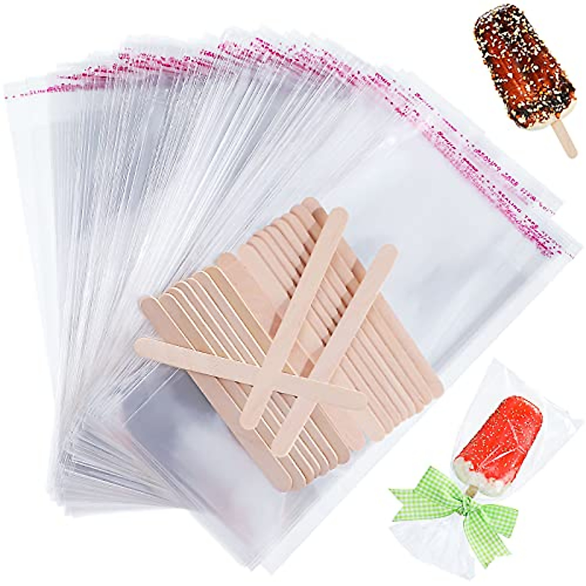 300 Pieces Ice Lolly Sticks and Bags Set, 200 Pieces Clear Ice Lolly Plastic Bags Ice Lolly Self-adhesive Plastic Bags and 100 Pieces Ice Lolly Sticks, 4.49 Inch, 8.27 x 3.15 Inch