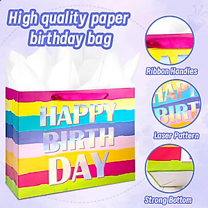 HAPMARS 13" Large Happy Birthday Gift Bag for Kids Girls Women, Colorful Birthday Party Bag with Tissue Paper & Greeting Card, Rainbow Pretty Present Bag Gift Bags
