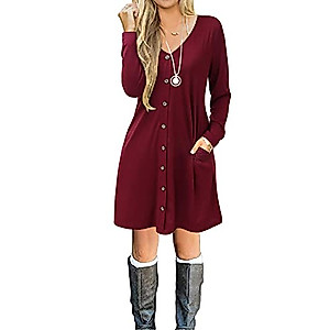 SOLERSUN Tunic Dresses with Pockets for Women, Women's Casual T-Shirt Dresses Long Sleeve Stripe Tunic Loose Swing Autumn Dress with Pockets Wine red L