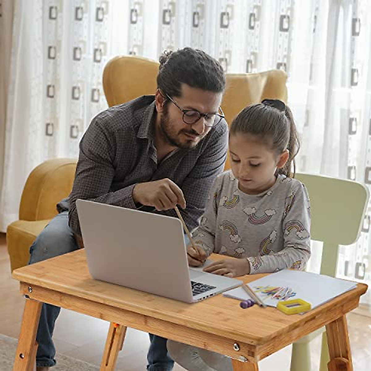 Large Size Laptop Tray Desk Nnewvanet 25.6x17.7in Bamboo Floor Desk Low Table Bed Tray Table,Foldable Adjustable Study Writing Gaming Breakfast Serving Floor Table Support 18in Laptop w' 4 Leg Lock