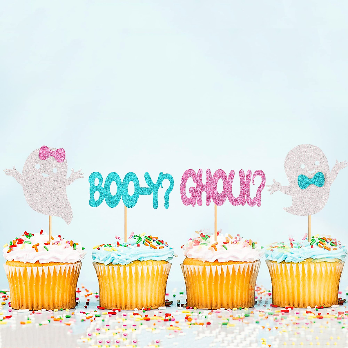 Ercadio 24 Pack Boo-y or Ghoul Cupcake Toppers Glitter Halloween Ghost Cupcake Picks Boy or Girl Cupcake Toppers Baby Shower Birthday Halloween Themed Gender Reveal Cake Decorations Supplies