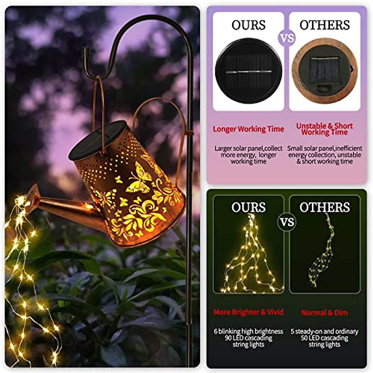 Solar Outdoor Lights-Solar Garden Lights, Upgraded Solar Watering Can with Twinkling Cascading String Lights & Shepherd Hook, Garden Decor Waterproof for Patio Lawn Yards Backyard Pathway Decoration