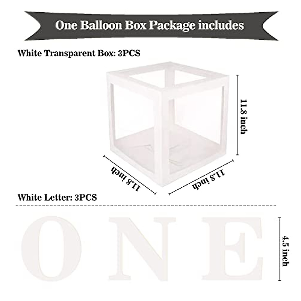 FUNTOOB One boxes with 3Pcs Letters White Clear Balloon Box Blocks Transparent Birthday Box Happy Birthday Boxes Clear Baby Shower Decorations First Birthday Decorations For Boy Or Girl (ONE White)