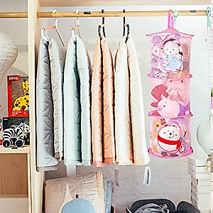 Fuyamp 2Pcs Stuffed Animal Storage Hanging Mesh Stuffed Animal Net or Hammock Foldable Stuffed Animal Organizer Net or Hammock 3 Compartments Toy Storage Basket for Kids Girls Room Bathroom (Pink)