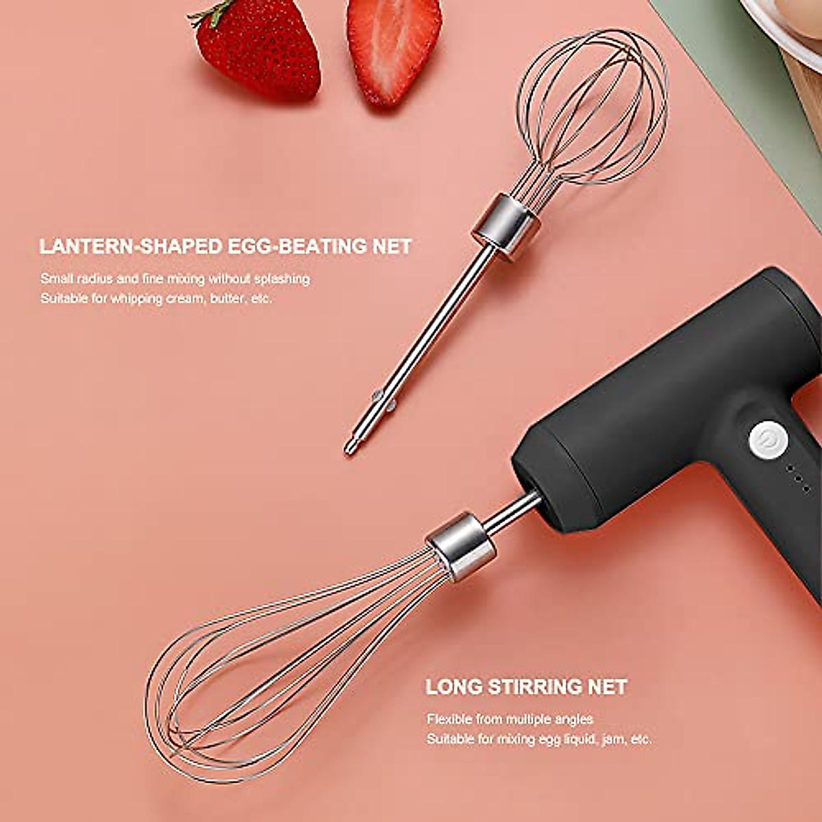 JOYKI Cordless Handheld Electric Mixer, USB Rechargeable Handheld Whisk, 3 speeds, for whisking and mixing cookies, cakes, batters, egg whites and soups, black