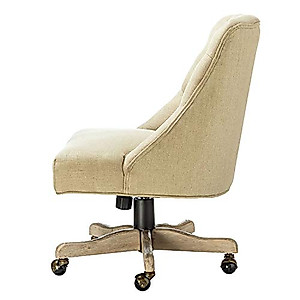 Jovita Fabric Tufted Upholstered Home Office Desk Chair with Vintage Wood Base, Linen