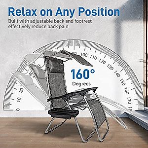 Bonnlo Zero Gravity Chair with Canopy Shade Patio Sunshade Lounge Chair, Folding Chair with Canopy Reclining Canopy Chairs with Cup Holder and Headrest for Beach Garden (Grey)