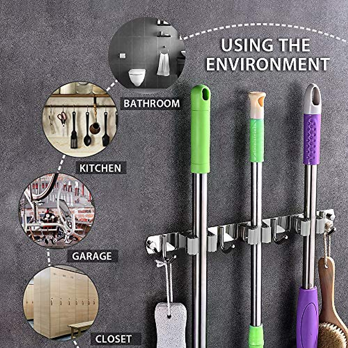 JEWJIO Broom Mop Holder Wall Mounted - Broom Storage Rack Utility Hanger 3 Racks 4 Hooks for Bathroom Home Kitchen Office Closet Garage Stainless Steel Heavy Tool Storage Rack (15 Inch)