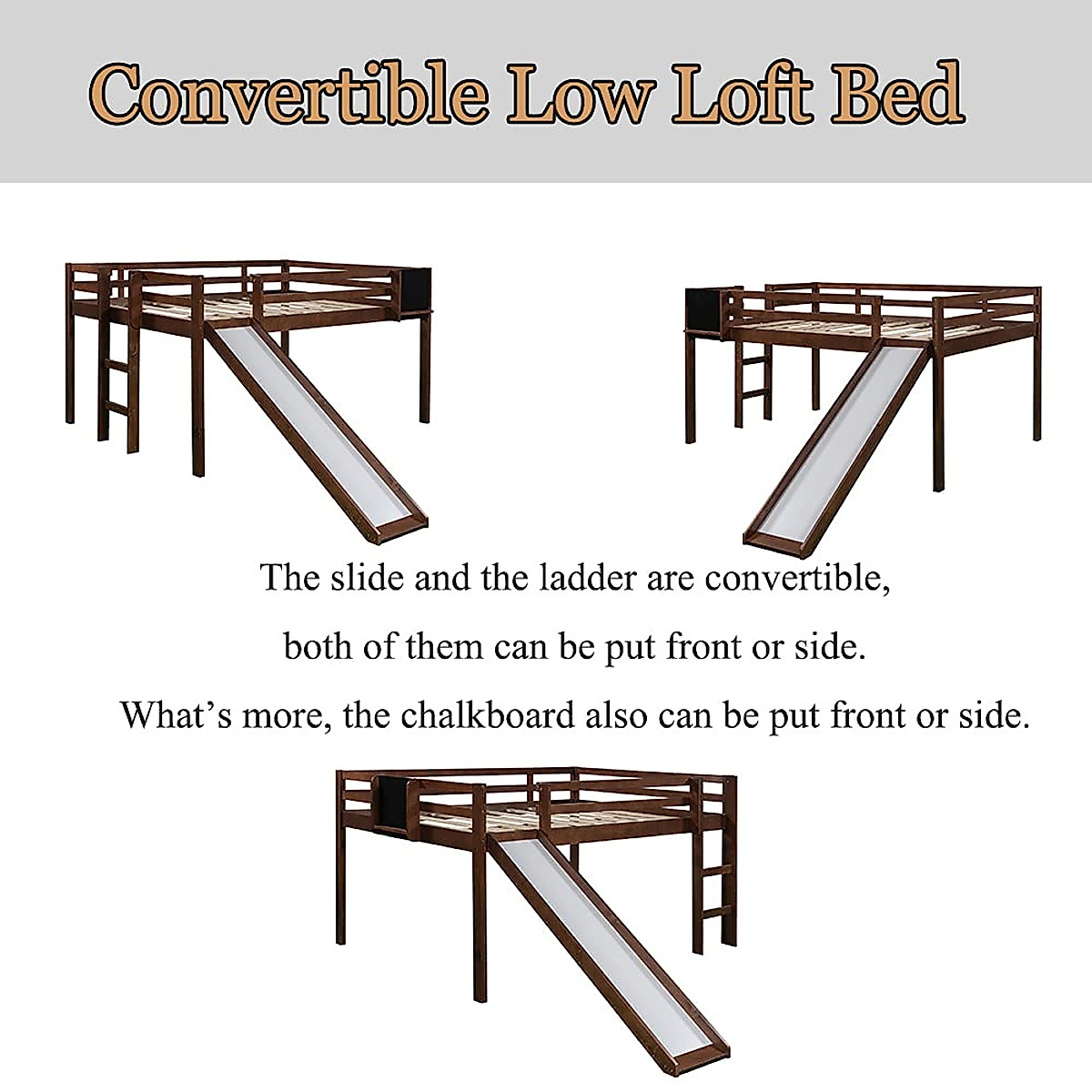 Full Size Loft Bed with Slide, Kids Low Loft Bed Frame with Chalkboard for Boys & Girls, Wood Full Slide Loft Bed with Under-Bed Space Storage (Walnut, Full)