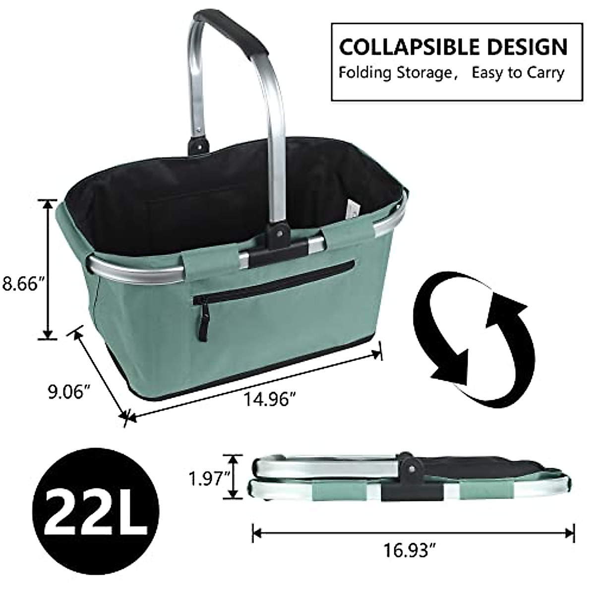 SIYUAN Picnic Basket, 22L Folding Shopping Basket Strong Aluminum Frame Camping Grocery Bags, Leak-Proof Travel Basket Easy Storage Market Basket,1 Pack,Green