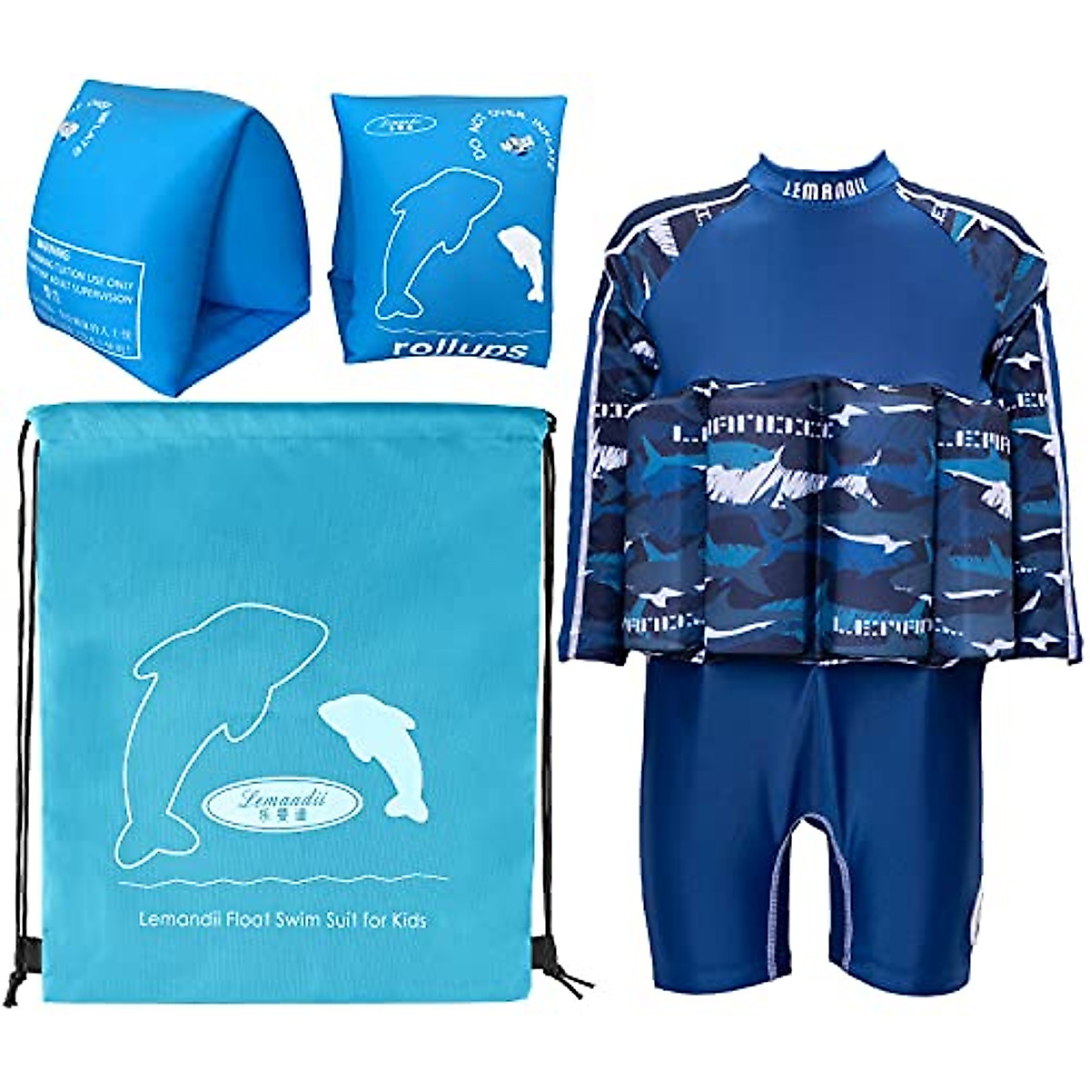 Lemandii UPF 50+ Sun Protection Long Sleeve Float Swim Suit for Kids Boys One-Piece with Adjustable Buoyancy Back Zippers for 1-10 Years Babies (Blue, Height:35.4''-39.4''/Weight:26.4lb-33lb)