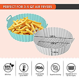 Hiyaloo 2Pcs Air Fryer Silicone Liners 7.5 Inch Air Fryer Accessories Round BPA Free Non Stick Silicone Air Fryer Liners Reusable Parchment Paper Replacement Fits 3QT - 5QT Air Fryer (Blue+Grey, 2)