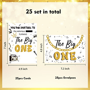 Fangleland The Notorious One Birthday Decorations, 25 Set of Black and Gold The Big One Theme Invitations with Envelopes, Hip Hop Theme 1st Birthday Invite Cards for One Year Old Party Supplies