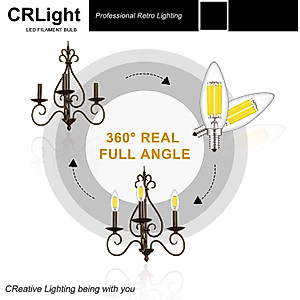CRLight 6W LED Candelabra Bulb 4000K Daylight White, 70W Equivalent 700LM Dimmable, E12 Vintage Edison Clear Glass B10 Candle Torpedo Shape Bullet Top LED Chandelier Light Bulbs, Pack of 6